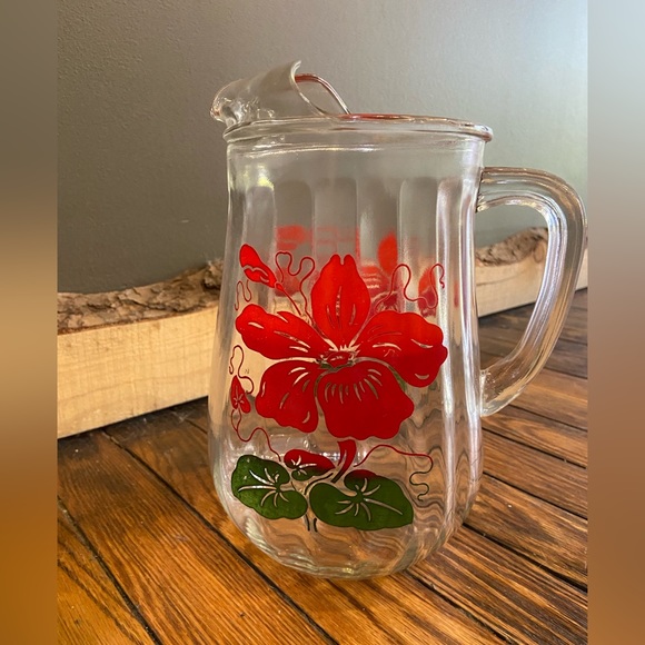 Dining | Vintage Glass Pitcher Ice Lip Red Green 5s Large | Poshmark